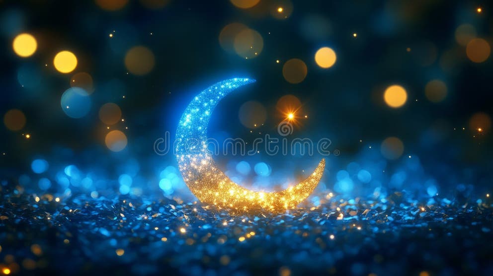 Crescent Moon Sparkle with Blue and Gold Glitter Stock Illustration ...