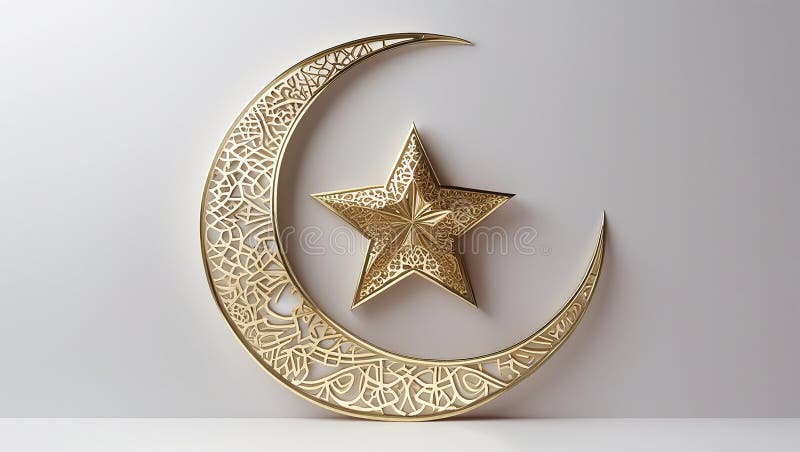Crescent Moon and Star with Intricate Gold Islamic Patterns on a White ...
