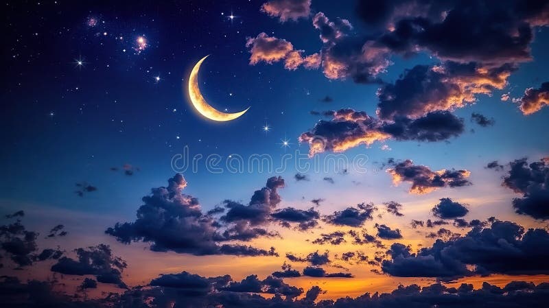 Crescent Moon, Starlit Night Sky, Sunset Clouds, Celestial Backdrop, Spiritual Imagery Stock ...