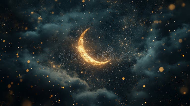Crescent Moon in a Starry, Cloud-filled Night Sky. Stock Photo - Image ...