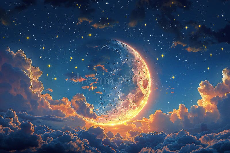 A Crescent Moon with Stars and Clouds in the Sky, Pastel Colors Create ...