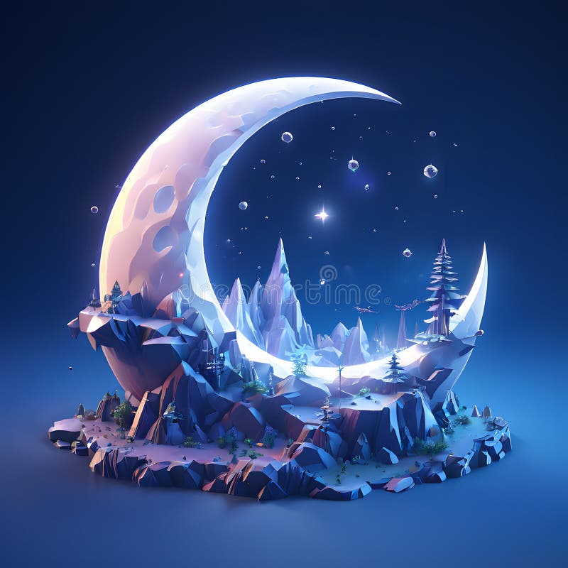 Crescent Moon and Stars Low Poly Isometric 3d Stock Illustration ...