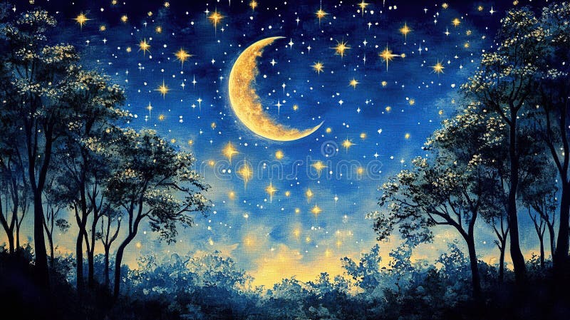 Crescent Moon, Stars, and Trees at Night Stock Photo - Image of ...