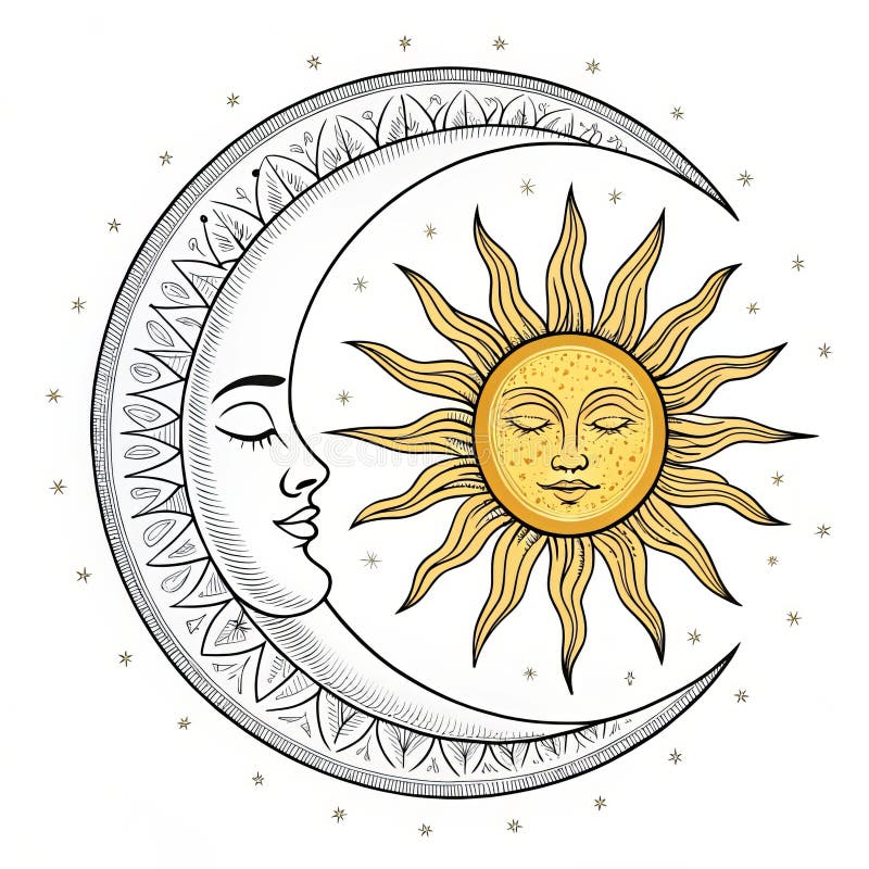 Crescent Moon and Sun, Ornate Design, Celestial Concept, Isolated on ...