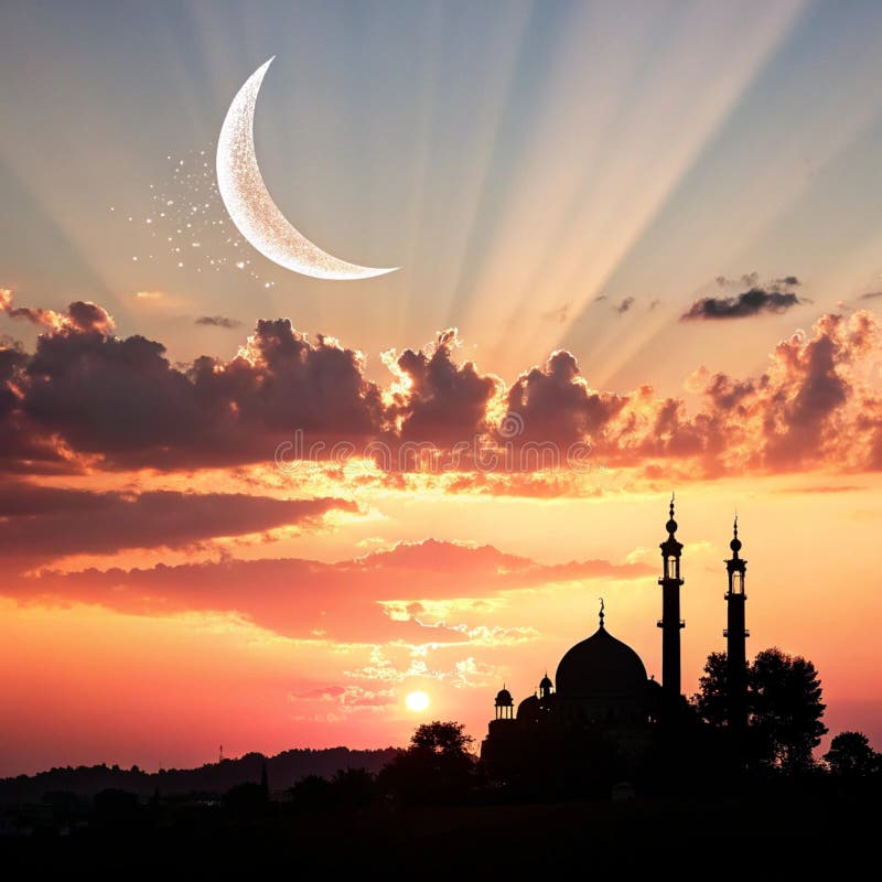 Crescent Moon with Sunset Background and Light from the Sky Stock ...