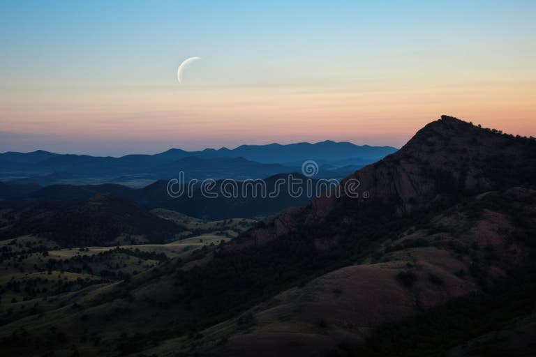 Crescent Moon between Two Hill Peaks Stock Photo - Image of night ...