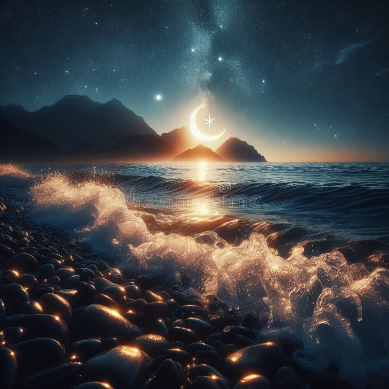 Crescent Moon Waves Under a Crescent Moon Waves Shimmer in the S Stock ...