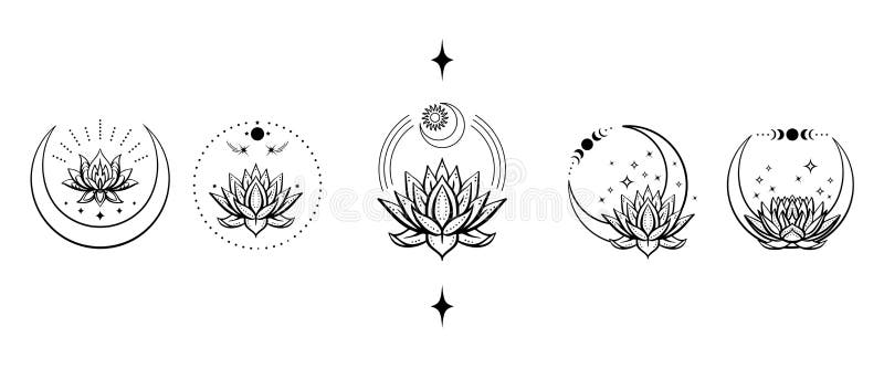 Crescent Moons Lotus Flower with Moon Phases. Line Emblem Stock Vector ...
