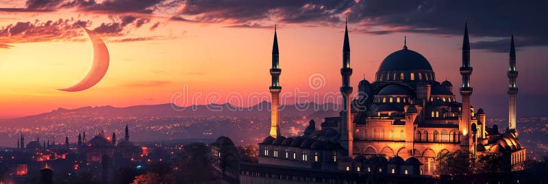 Crescent, Mosques and Musbah, Forming a Harmonious Composition Stock ...