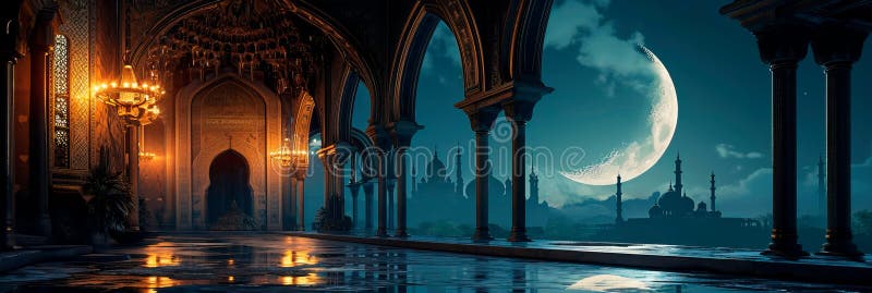 Crescent, Mosques and Musbah, Forming a Harmonious Composition Stock ...