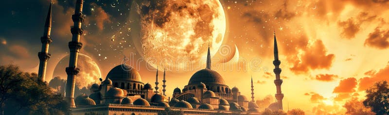 Crescent, Mosques and Musbah, Forming a Harmonious Composition Stock ...