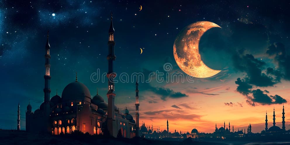 Crescent, Mosques and Musbah, Forming a Harmonious Composition Stock ...