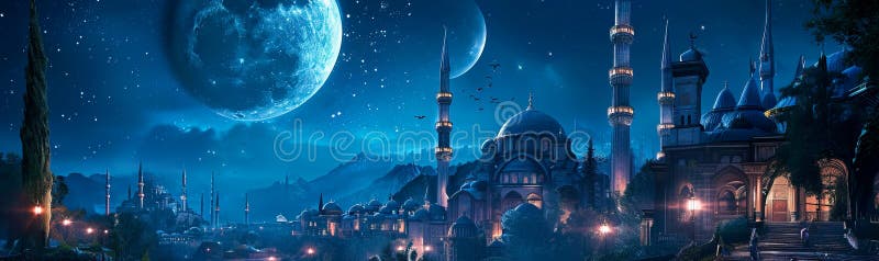 Crescent, Mosques and Musbah, Forming a Harmonious Composition Stock ...