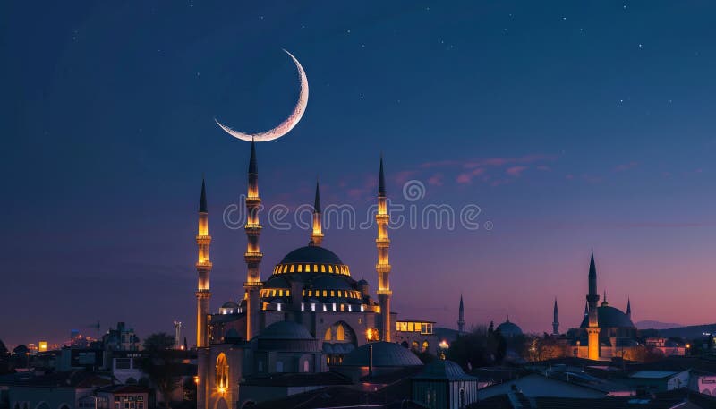 A Crescent is Seen Above the Mosque and the Moon, Ramadan Stock Image ...