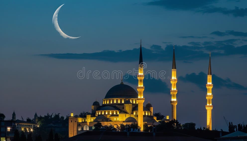 A Crescent is Seen Over a Mosque and Buildings, Ramadan Stock Photo ...