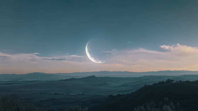 A Crescent Shape Appears in the Sky Above a Rugged Mountain Range, a ...
