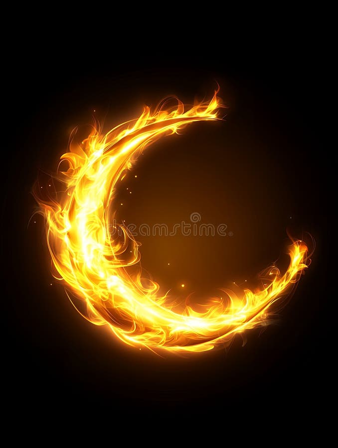 A Crescent Shape Formed by Bright Yellow and Orange Flames Against a ...
