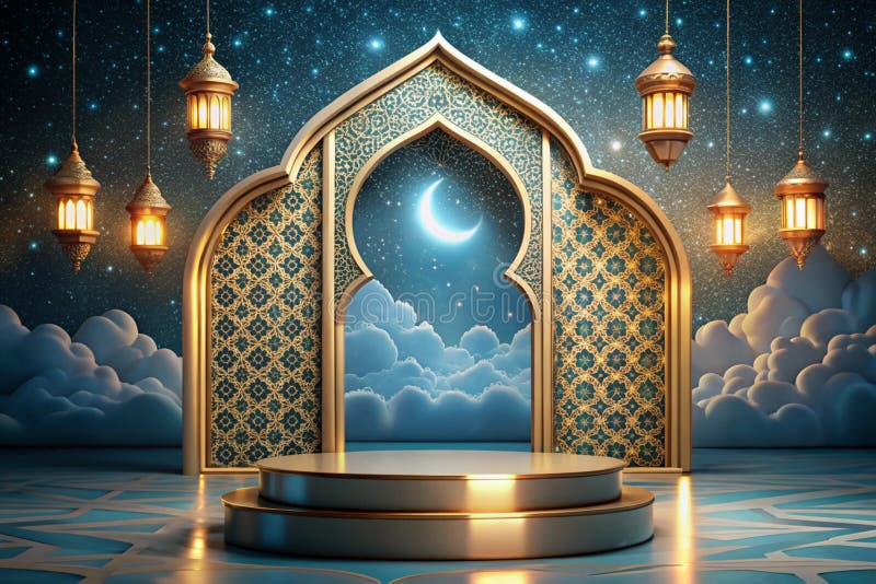 Empty Podium with Golden Arches and Floral Islamic Design Stock ...