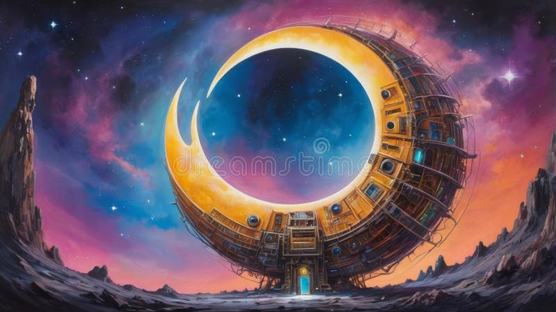 A Crescentshaped Spaceship Floats in a Starry Sky Stock Illustration ...