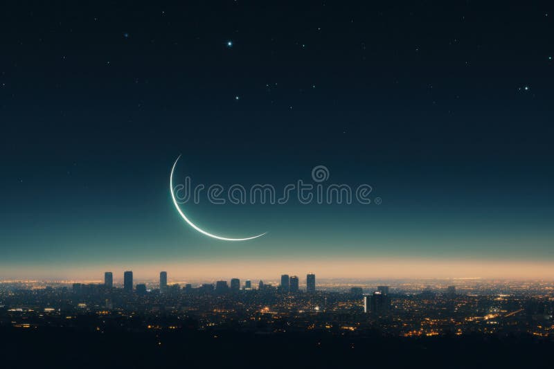 A Crescent in the Sky Above a City Skyline Stock Image - Image of water ...
