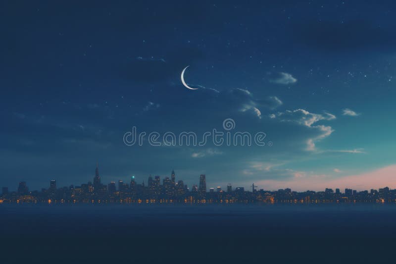 A Crescent in the Sky Above a City Skyline Stock Photo - Image of ...