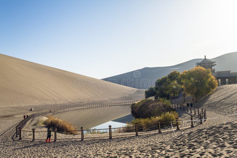 Crescent Spring and Mingyue Pavilion in Dunhuang, China Stock Photo ...
