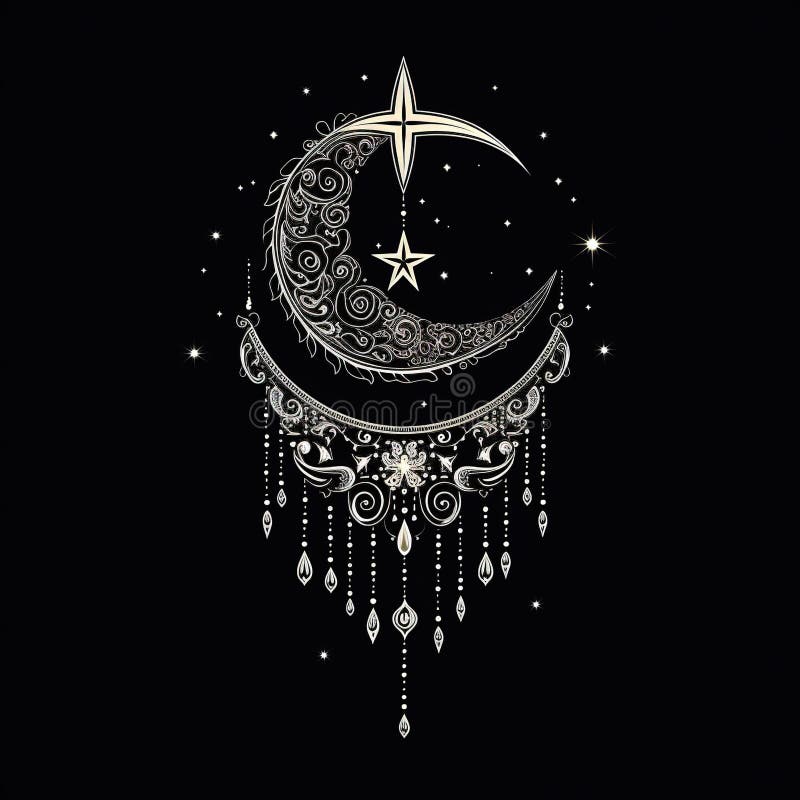 A Crescent with Stars Drawing Abstract Moon Silhouette. Boho Celestial ...