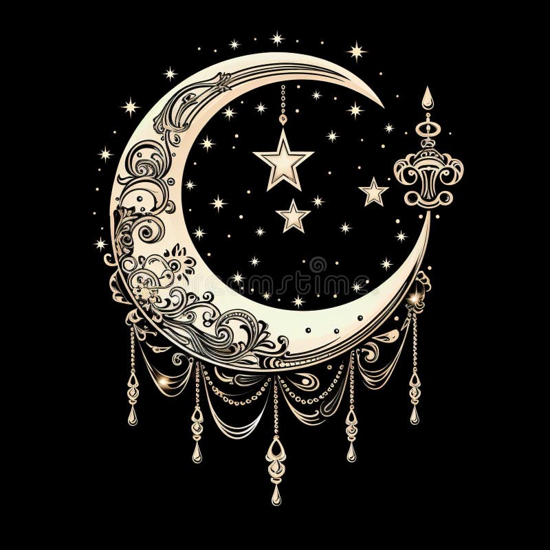 A Crescent with Stars Drawing Abstract Moon Silhouette. Boho Celestial ...