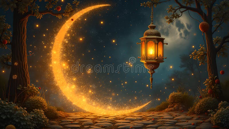 Crescent Moon with Lantern in Magical Forest. Concept of Ramadan, Eid ...