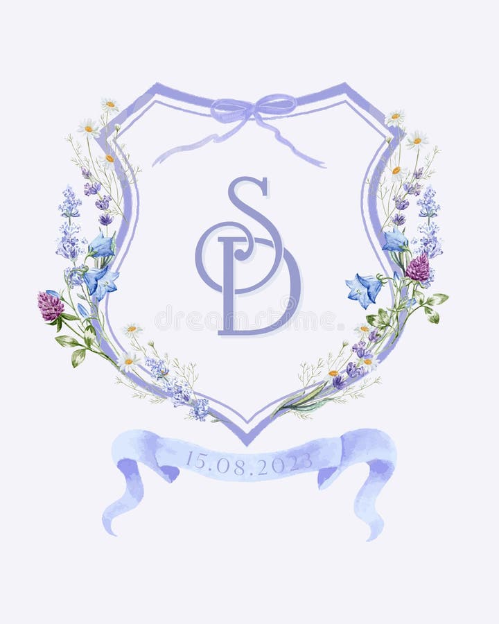 Painted Wedding Monogram SD Initial. Watercolor Crest Levender Flower ...
