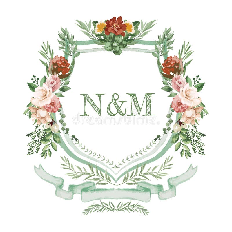 Painted Wedding Monogram N and M Initial Watercolor Eucalyptus Leaves ...