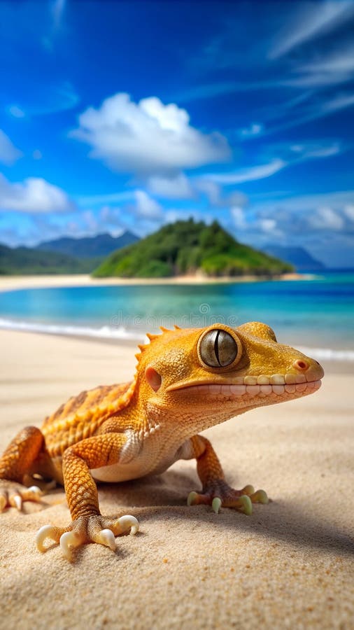 Crested Gecko goes beach stock illustration. Illustration of tropical ...