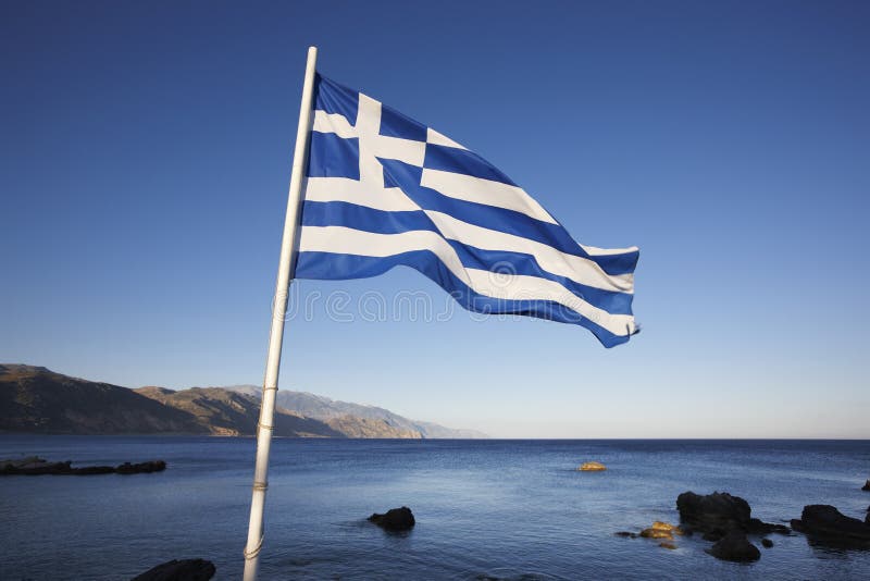 Cretan Landscape with Greek Flag and the Lybian Sea Stock Image - Image ...
