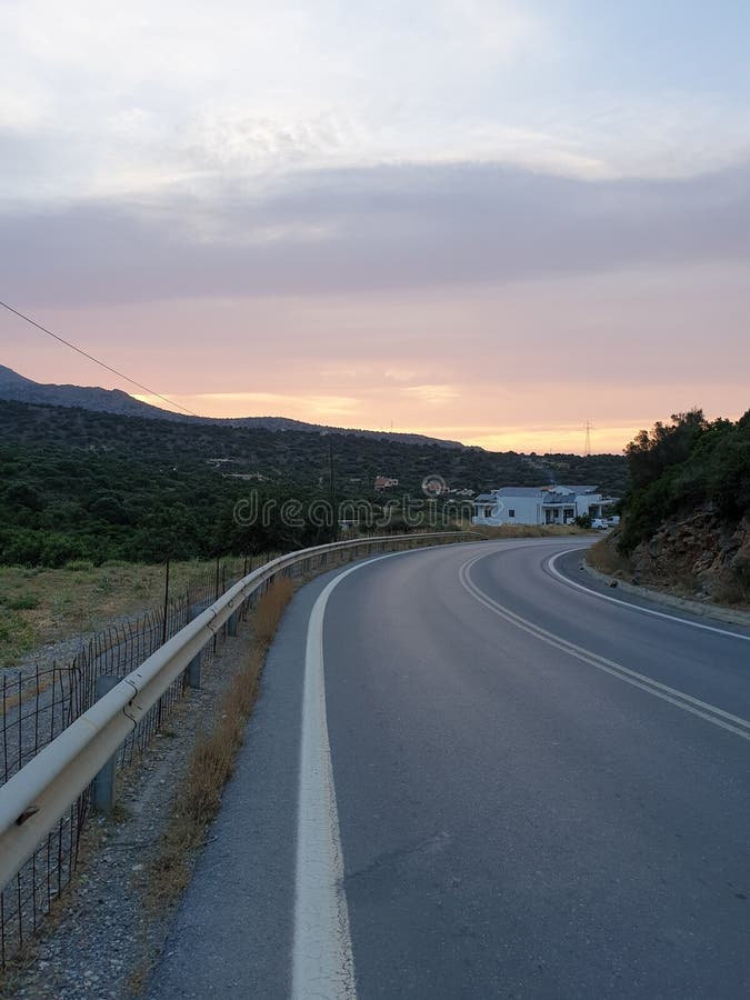 Crete Road and Mountains, Beautiful Evening Sunset Stock Photo - Image ...
