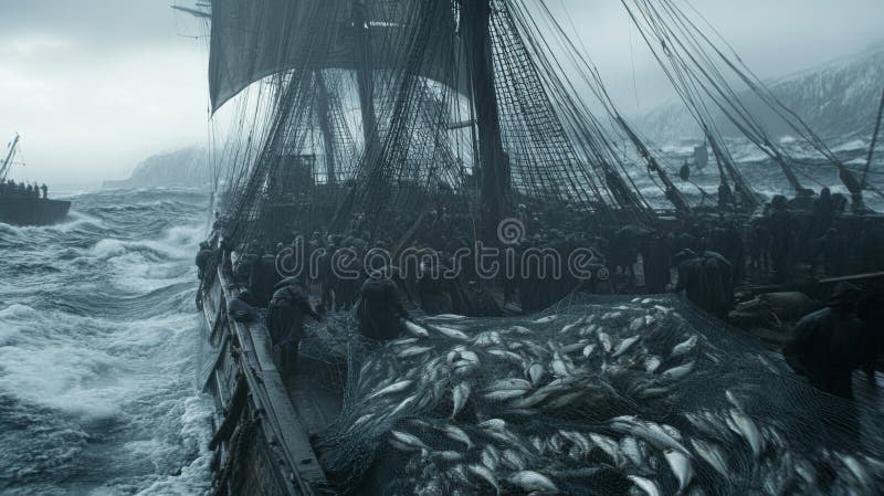 Crew Hauling in a Large Catch of Fish on a Ship in a Stormy Sea Stock ...
