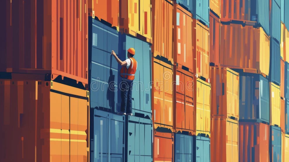 A Crew Member Inspecting the Stacks on a Container Ship Ensuring Each ...
