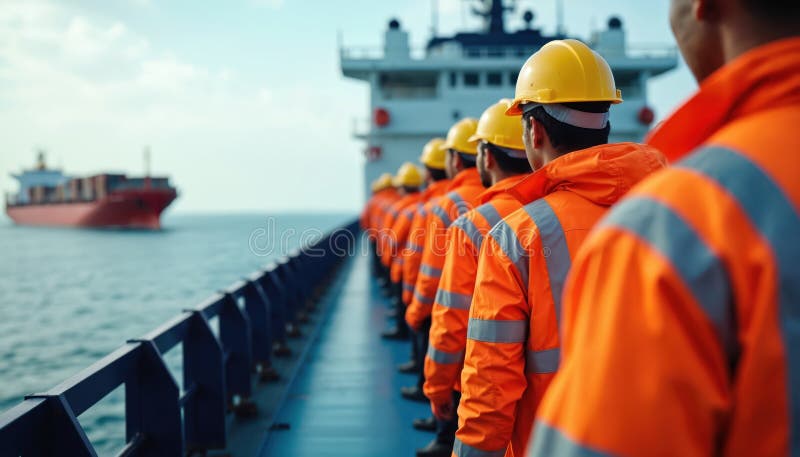 Crew Members in Orange Jackets and Yellow Helmets Stand in Line on a ...