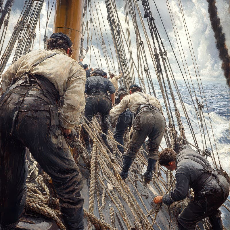 Crew Members Working on Old Sailing Ship with Ropes and Sails Stock ...