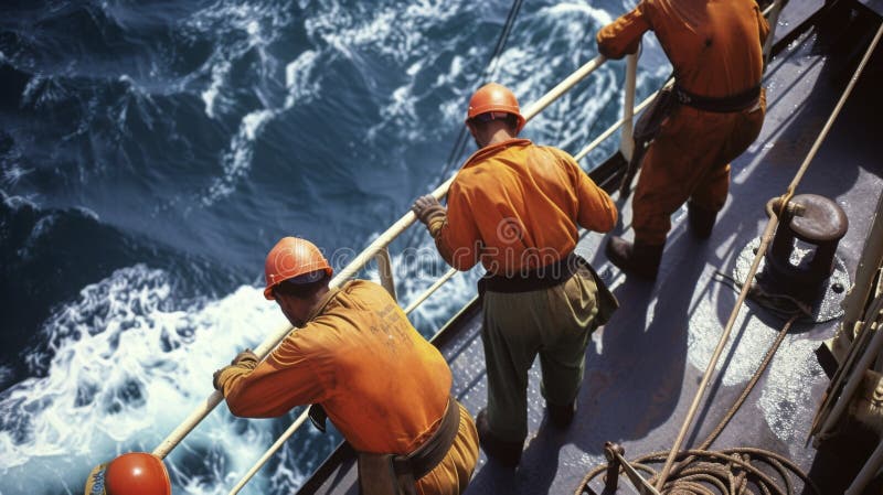 A Crew of Merchant Marines Work Seamlessly Together on the Deck of a ...