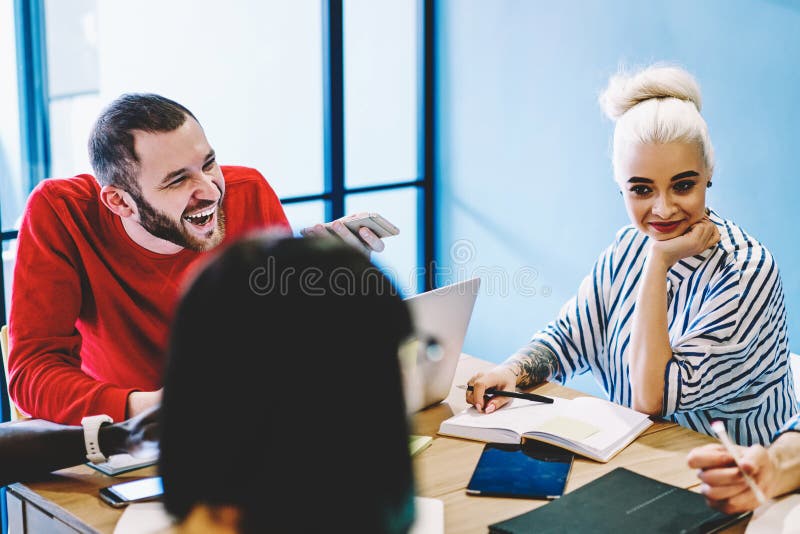 Crew of Multiracial Male and Female Employees Having Fun during Working ...
