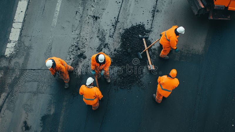 A Crew of Road Maintenance Workers Fixing Potholes on a Highway. Stock ...