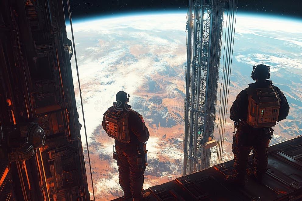 Crew of Space Elevator Engineers and Technicians Survey Project from Elevated Vantage Point with ...