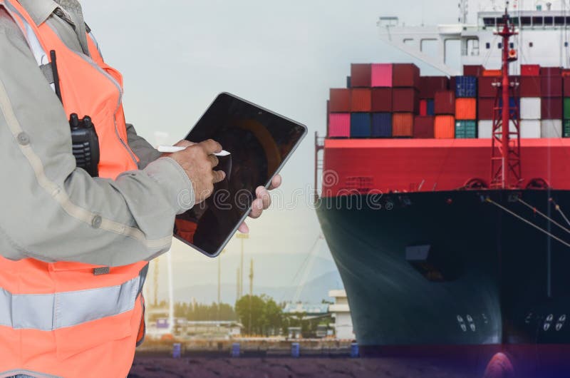 Workers with Tablet in Hand in Port Stock Photo - Image of building ...