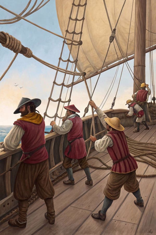Crew Working on the Deck of a Historic Carrack Ship Under Sail ...