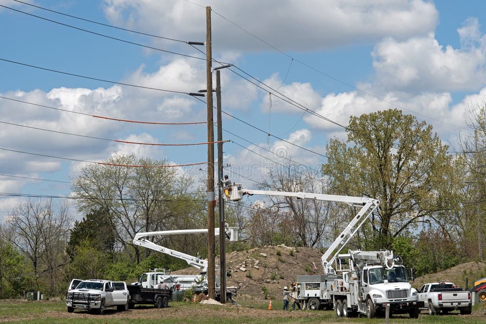 Crew Works on Electric Utility Pole Replacement Stock Image - Image of ...