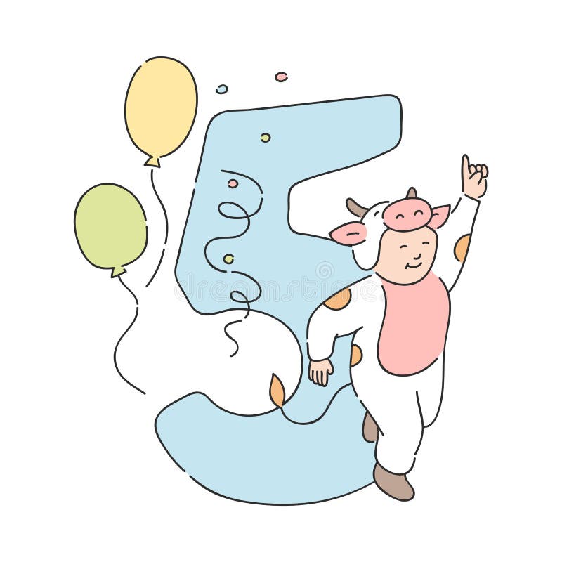 Criança Do Vetor No Traje Número Cinco 5 Da Vaca Ilustração do Vetor ...