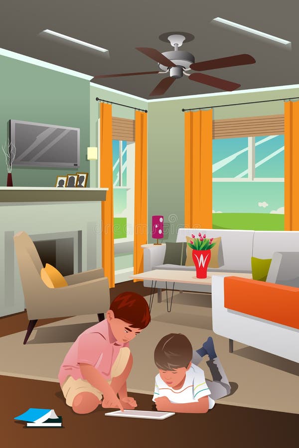 Crianças Que Jogam Com O Pc Da Tabuleta Na Sala De Visitas Ilustração