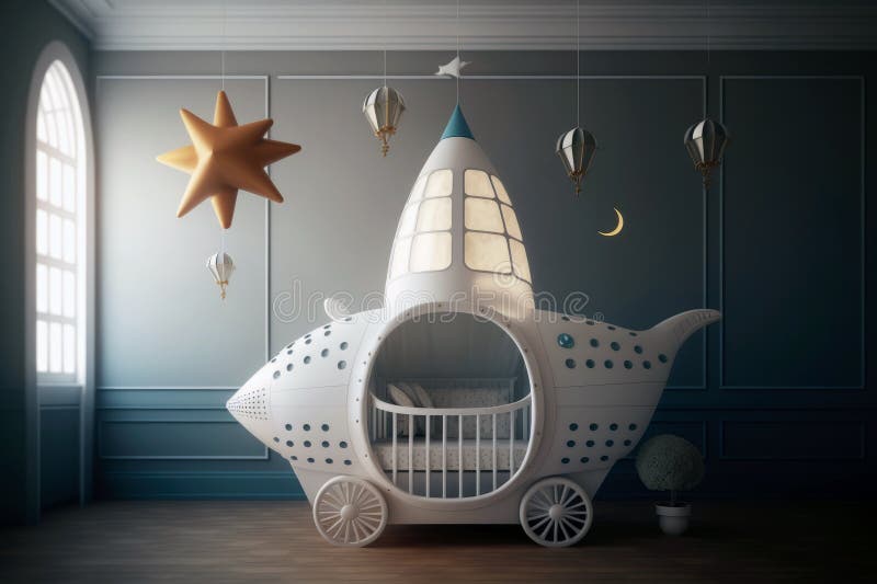 A Crib with a Rocket Ship Mobile. Generative AI Stock Illustration ...