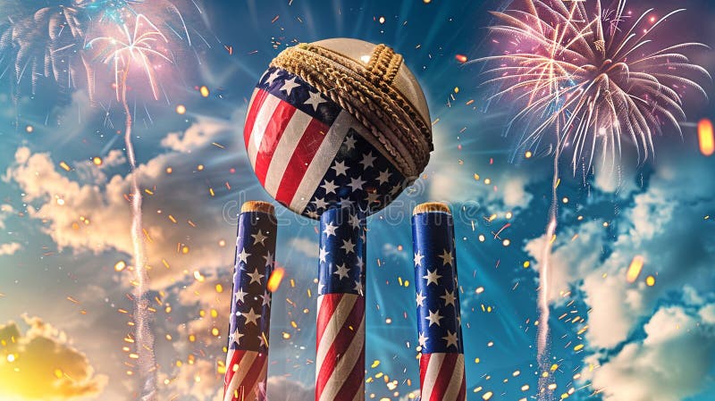 A Cricket Ball with an American Flag Pattern, Hitting the Stumps with ...