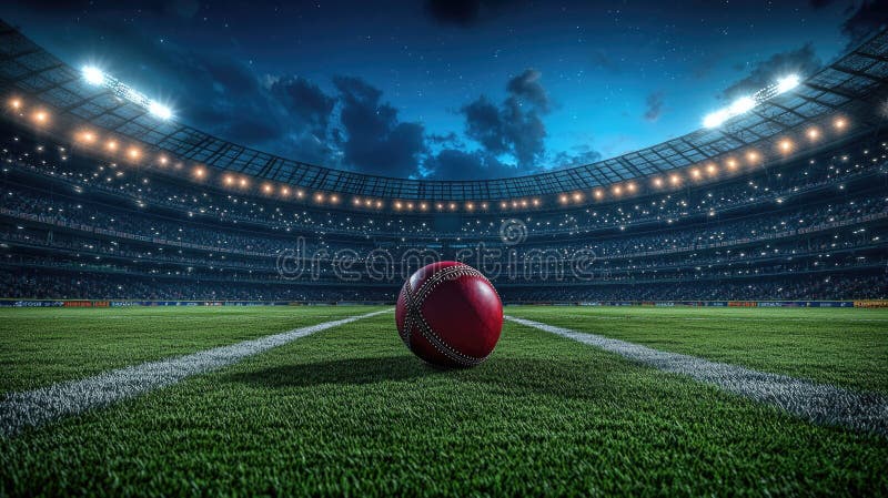 Cricket Ball at Night in Illuminated Stadium with Dramatic Sky Stock ...